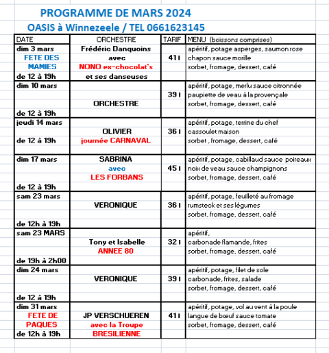 programme mars | RESTAURANT OASIS