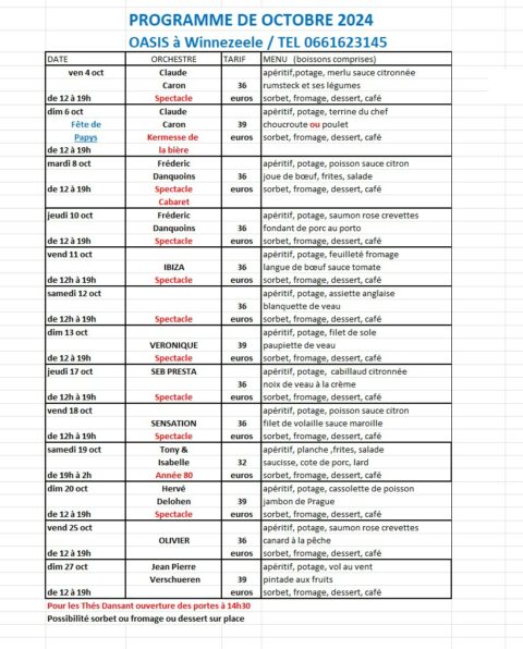 programme octobre | RESTAURANT OASIS