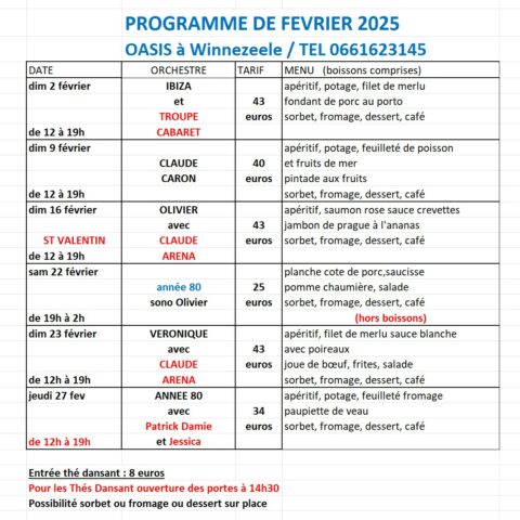 programme fevrier | RESTAURANT OASIS